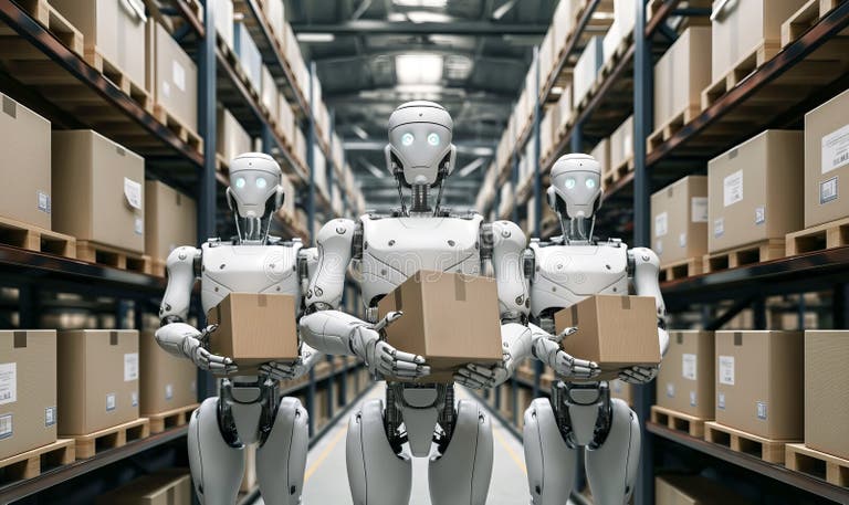 Android Robot Moves Boxes in a Distribution Warehouse. Concept of ...