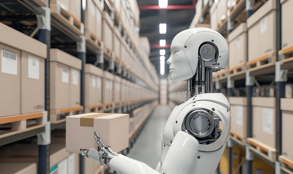Android Robot Moves Boxes in a Distribution Warehouse. Concept of ...