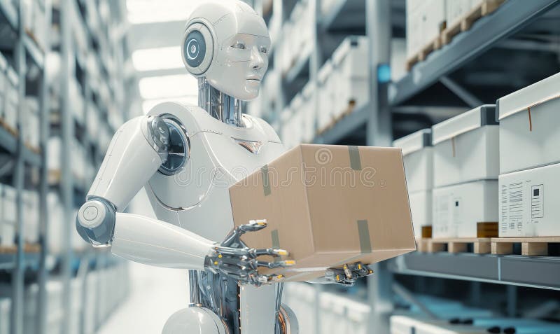 Android Robot Moves Boxes in a Distribution Warehouse. Concept of ...