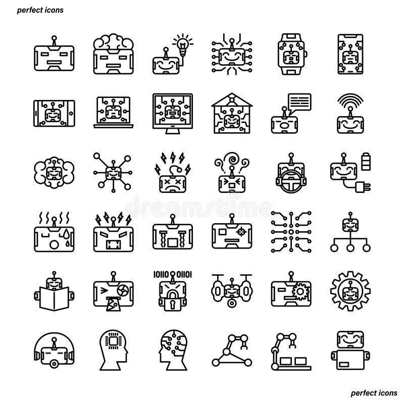 Android Robot Outline Icons Perfect Pixel. Stock Vector - Illustration ...