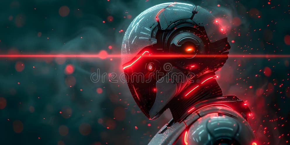 An Android Robot with Red Glowing Eyes in a Dark Futuristic Setting ...