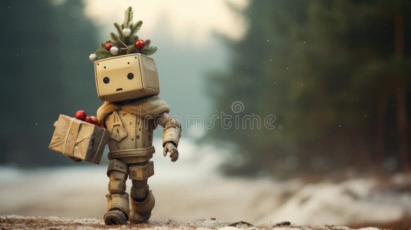 An Android Robot with a Small Decorated Christmas Tree on Its Head ...