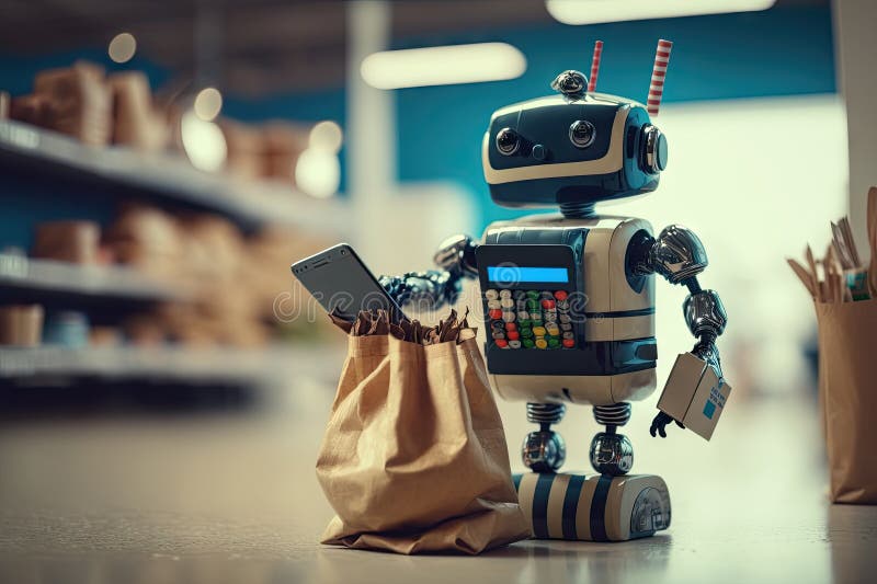Android Robot Standing Behind the Checkout, Checking Out a Bag with ...
