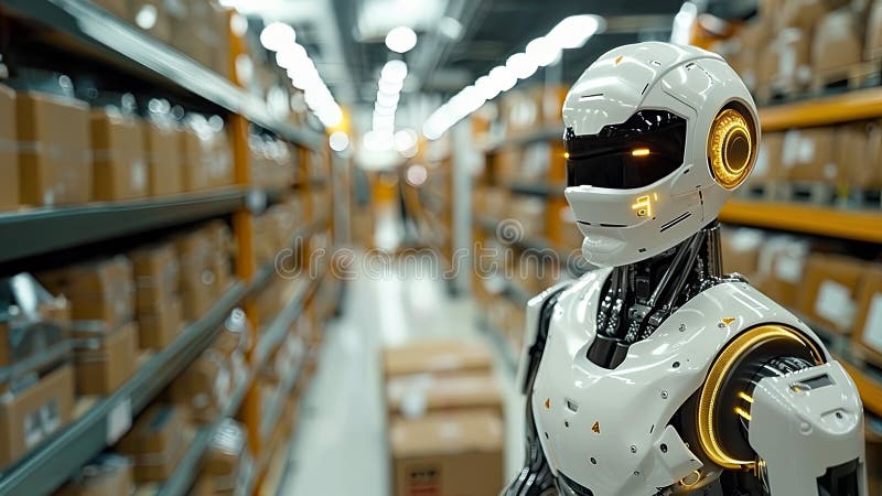 Android Robot Standing in Retail Warehouse Looking at Camera Stock ...