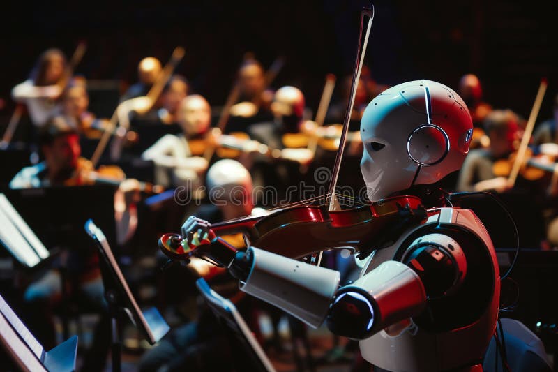 Android Robot Violinists Playing in a Violin String Section Stock ...