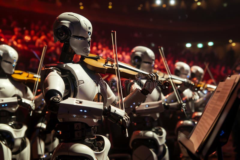 Android Robot Violinists Playing in a Violin String Section Stock ...