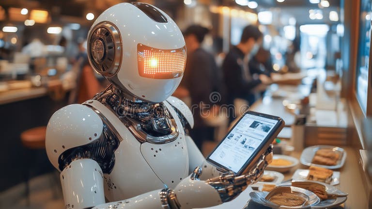Android Robot Working As a Waiter in a Bakery Shop Stock Illustration ...
