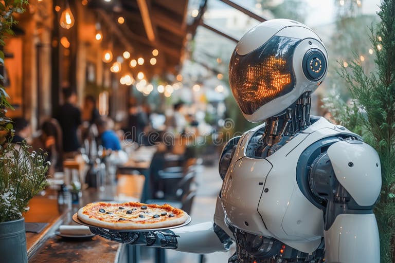 Android Robot Working As a Waiter in a Pizzeria Stock Photo - Image of ...