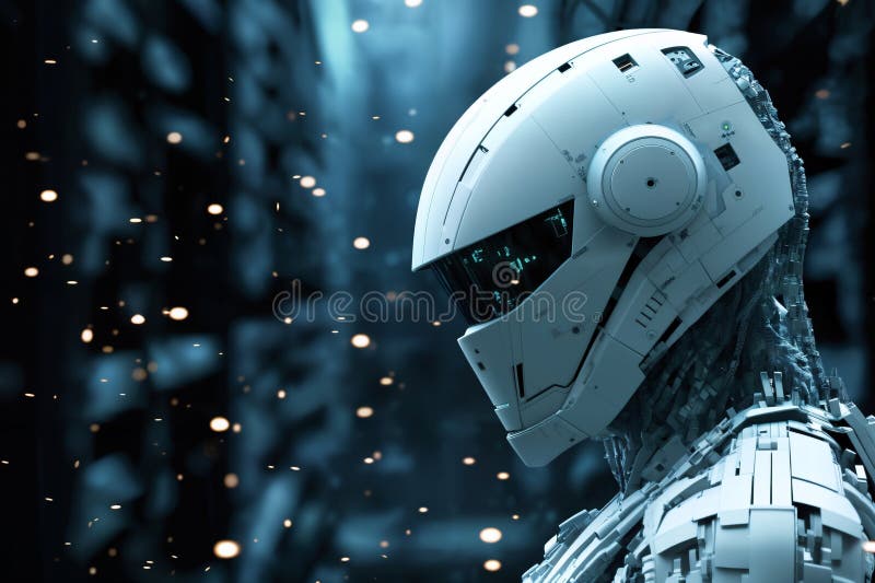 Android Robot Works with Computer and Data Against Background of ...