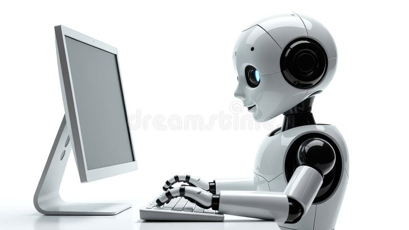 Android Robot Works on a Computer in a Modern Office. Stock ...