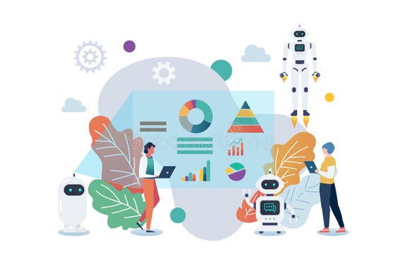 Android Robots Meeting with Chart on Slide Presentation Stock Vector ...