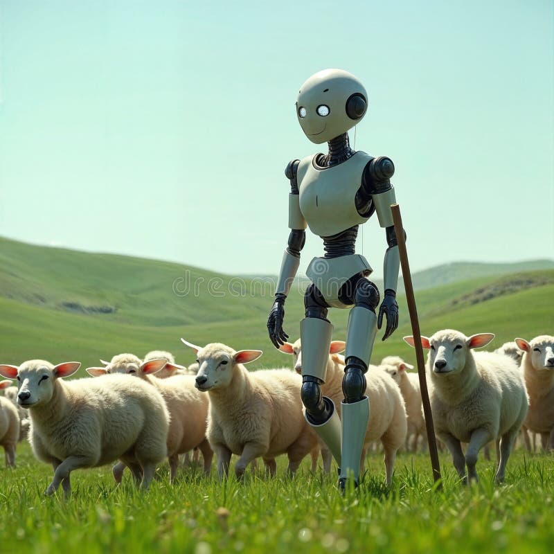 Android Shepherd Guides Sheep Across Green Pastures Stock Image - Image ...