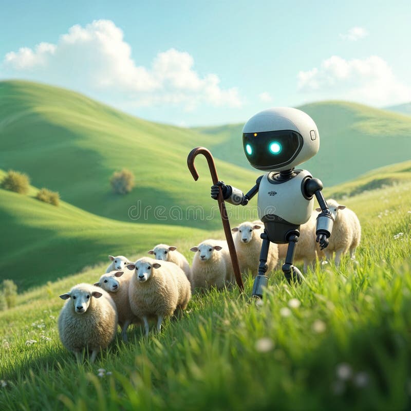 Android Shepherd Guides Sheep Across Green Pastures Stock Photo - Image ...