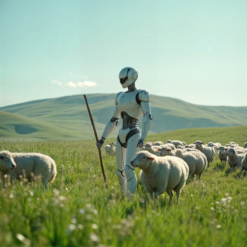 Android Shepherd Guides Sheep Across Green Pastures Stock Photo - Image ...