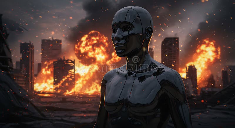 Android Silhouette Amidst Burning City Destruction and Dystopian Future ...