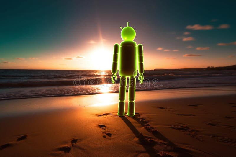 Android Silhouette on Beach at Sunset Stock Illustration - Illustration ...