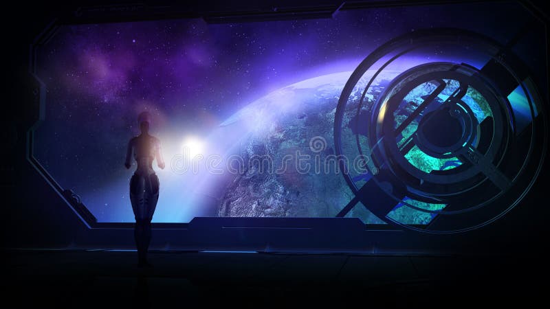 An Android in a Spaceship Orbiting the Earth, 3D Render. Stock ...