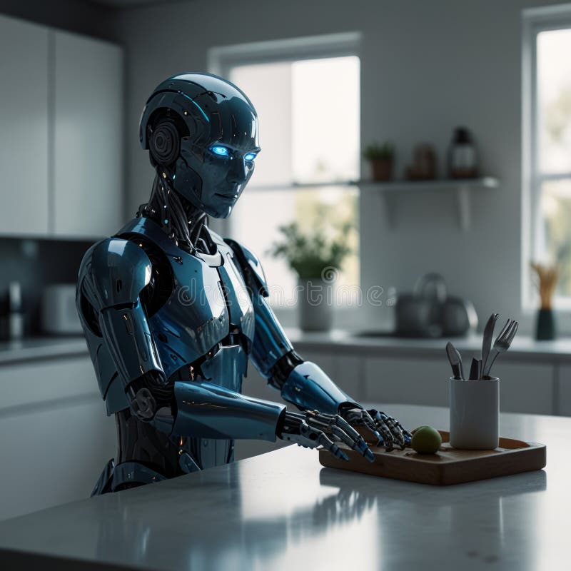 Android with a Translucent Blue Face Performing Household Chores Stock ...