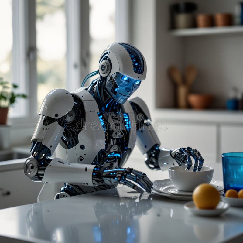 Android with a Translucent Blue Face Performing Household Chores Stock ...