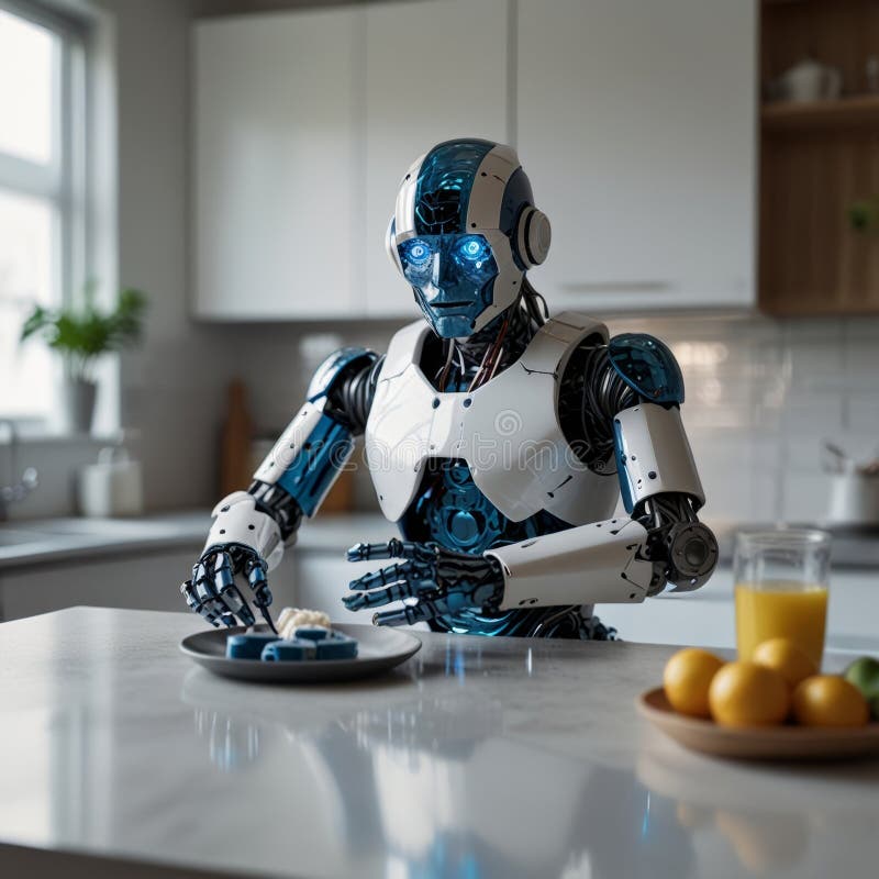 Android with a Translucent Blue Face Performing Household Chores Stock ...