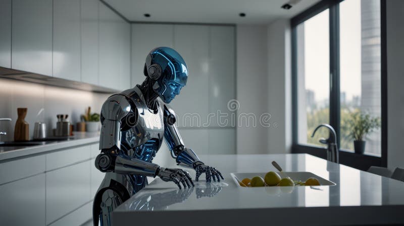Android with a Translucent Blue Face Performing Household Chores Stock ...