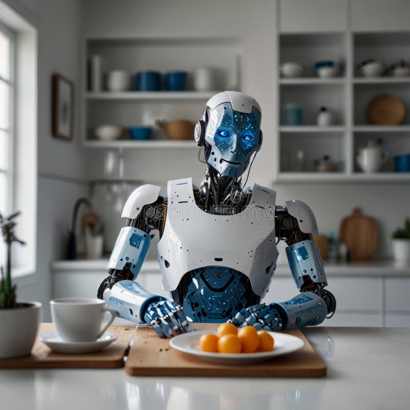 Android with a Translucent Blue Face Performing Household Chores Stock ...