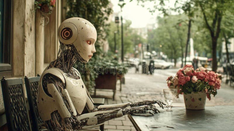 Futuristic Android Sitting at Cafe Table is Waiting on a City Street ...