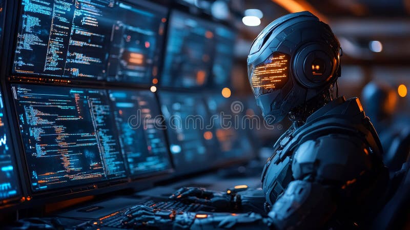 An Android Works at a High-tech Station with Glowing Screens during ...
