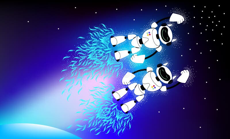 Androids in Outer Space. Robots are Flying in Space. Space Exploration ...