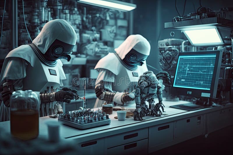 Androids Working In Laboratory Performing Tests And Experiments Stock Image Image Of