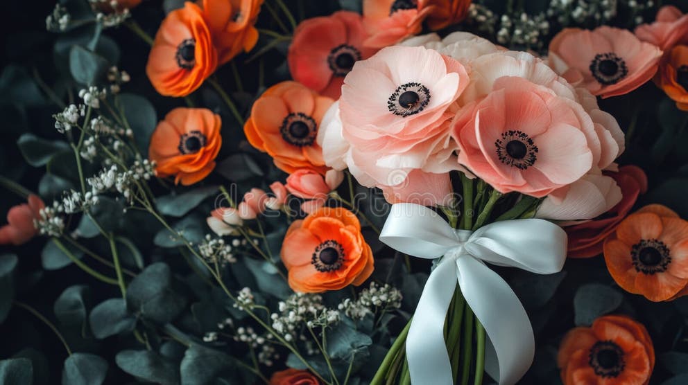 Anemone Bouquet with a White Ribbon Bow Stock Illustration - Illustration of coral, wedding ...