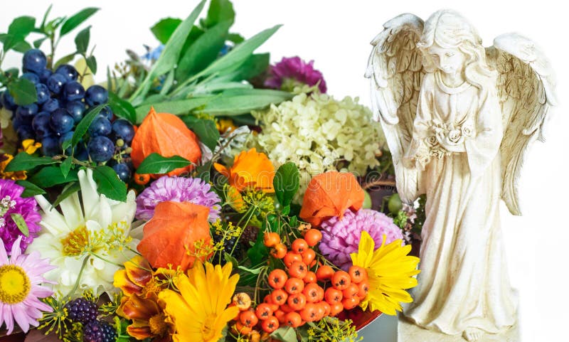 Angel before Autumn Arrangement on White Stock Photo - Image of ...