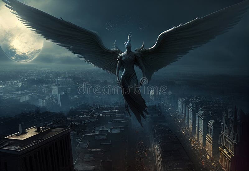An Angel with Big Wings Flies Over the City. AI Generated Stock ...