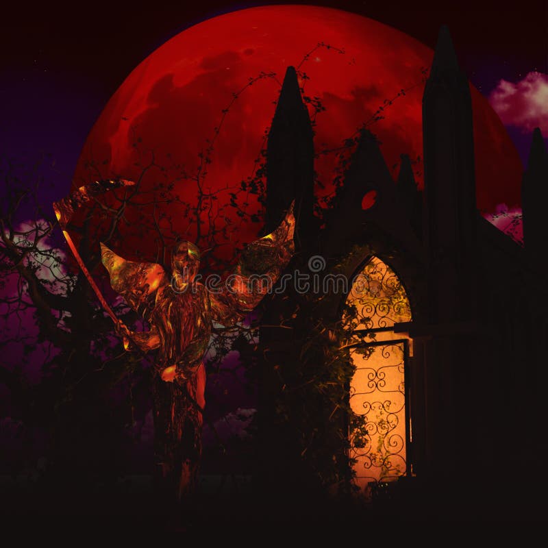 Angel of Death - Spooky Night Background with Gallows, Crows and Red ...