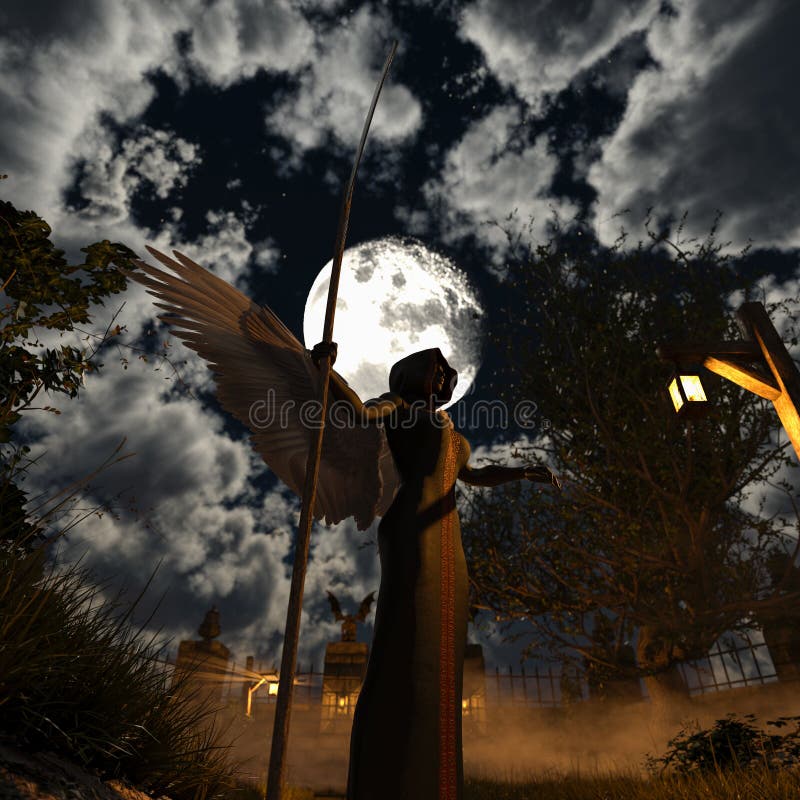 Angel of Death in a Spooky Cemetery at Night Stock Illustration ...