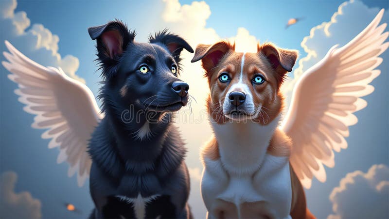 Angel-dogs with Wings and Piercing Eyes in the Blue Sky. Stock ...