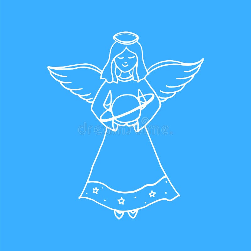 Angel Linear Hand Drawn Illustration with Planet on Isolated Blue Color ...