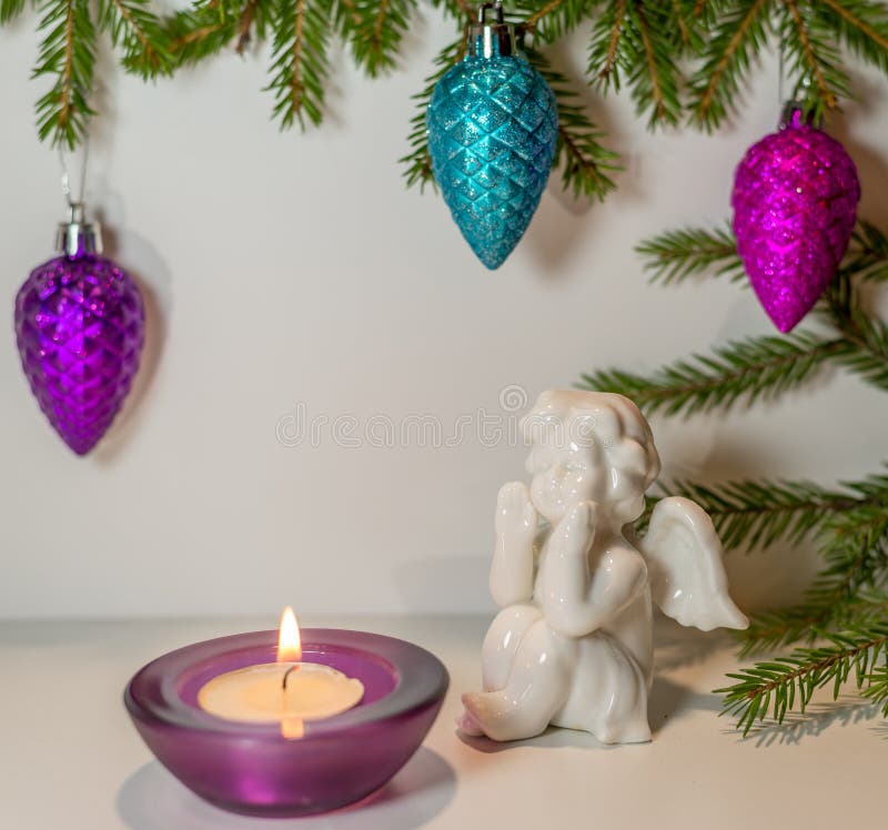 Angel is Looking on Candle Fire Under the Fir Branches Stock Image ...
