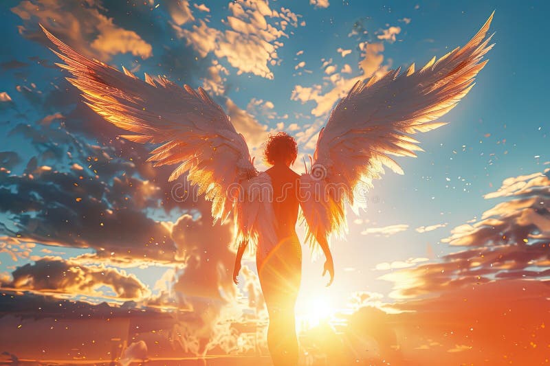Angel with Open Wings at Sunset. Generative AI Stock Illustration ...