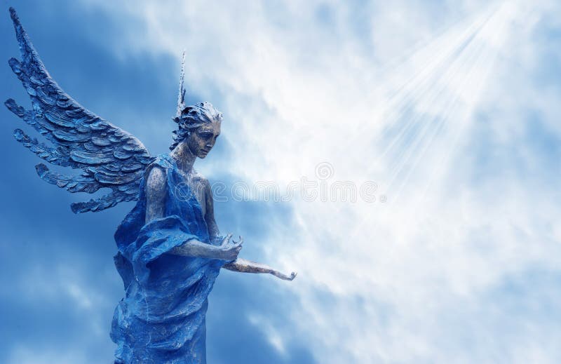 Angel Over Blue Sky with Rays of Sun Light Stock Photo - Image of pray ...