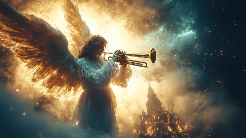 Angel Playing Trumpet in a Fiery Sky Stock Illustration - Illustration ...