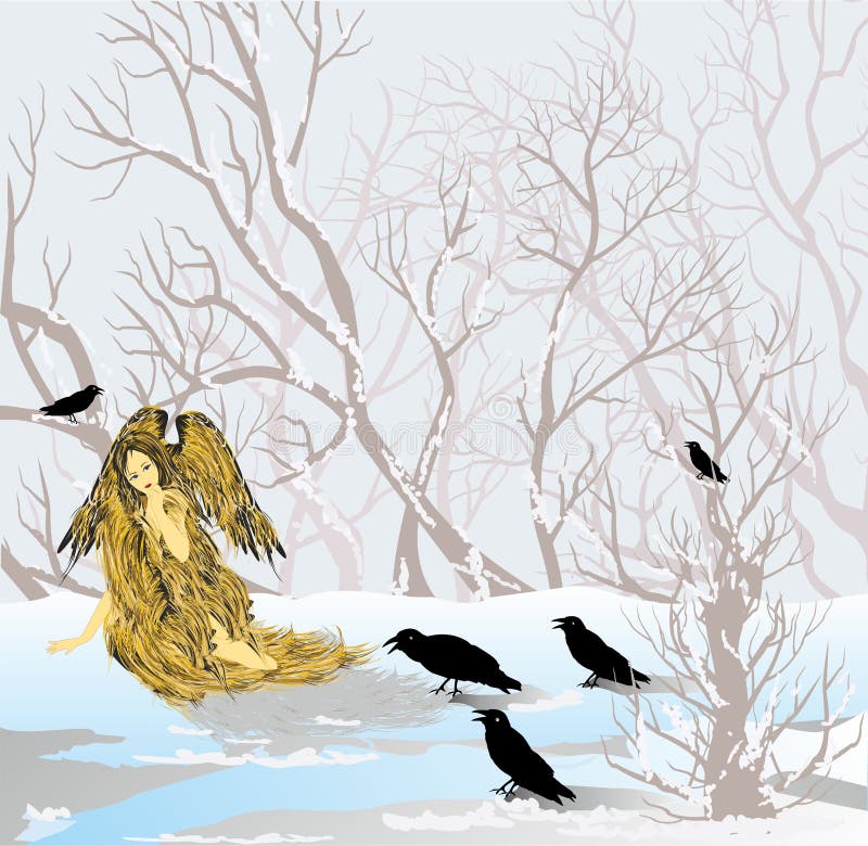 Angel and ravens, stock illustration. Illustration of forest - 34915223