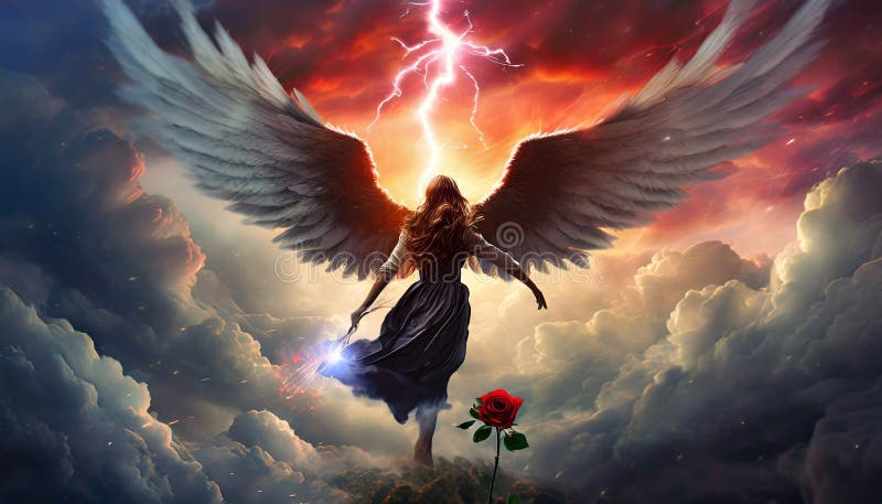 Angel with Red Rose in the Clouds Stock Illustration - Illustration of ...