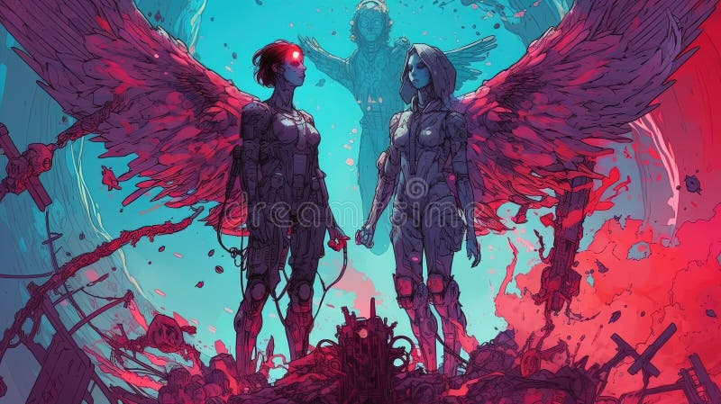 An Angel and a Robot Together in Space Stock Illustration ...