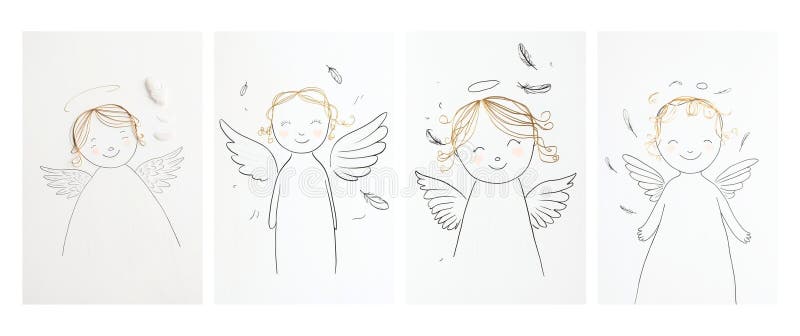 Whimsical Angel with Gentle Smile and Flowing Wings - Set of Four Stock ...