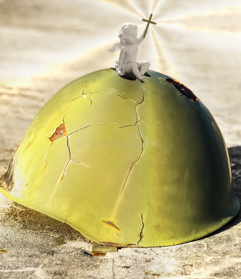 Angel Sitting on a War Helmet. Stock Photo - Image of continuation ...