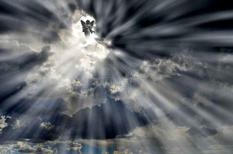Angel in Sky Clouds with Rays of Light Stock Photo - Image of power ...