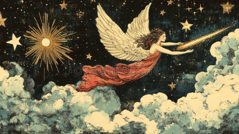 Angel Spreading Light in Night Sky Stock Illustration - Illustration of ...