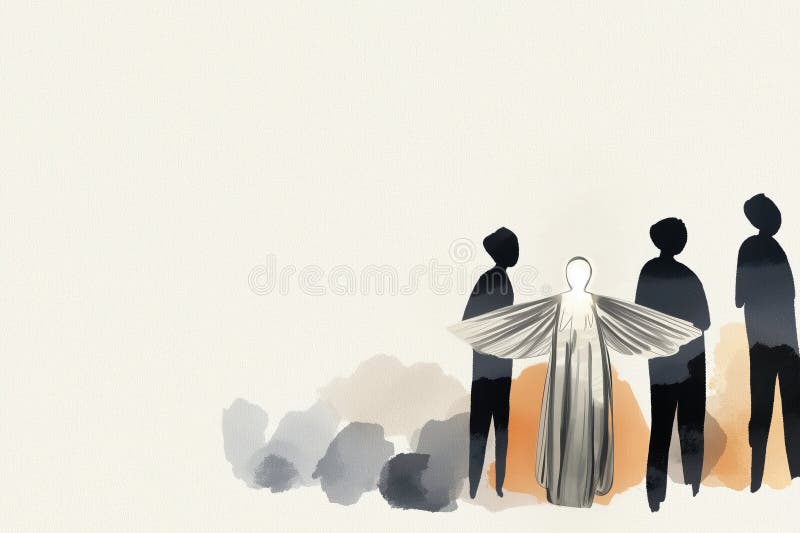 Angel Standing among Three Figures in Silhouette Stock Illustration ...