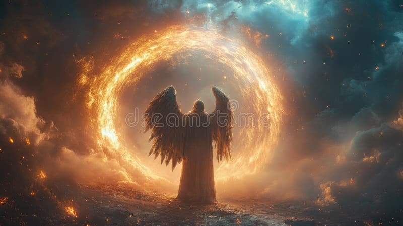 Angel Stands before Fiery Portal Stock Illustration - Illustration of ...